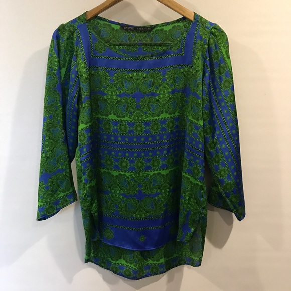 Zara | Tops | Zara Basic Patterned Blue Green Blouse S | Poshmark